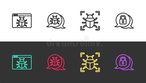 Set Line System Bug And Cyber Security On Black And White Vector