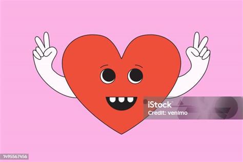 벡터 만화 얼굴 추상 디자인 마스코트 Y2k 스티커 및 배지 행복하고 화난 표정 스티커 및 아이콘 사랑 개념 손과 발이 있는 하트 개념 기호에 대한 스톡 벡터 아트 및 기타