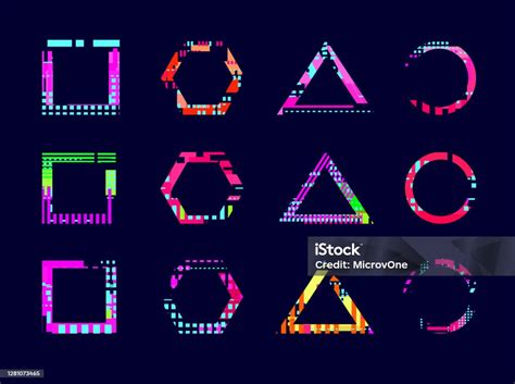글리치 효과 프레임 추상적인 현대 디자인 네온 깨진 원 삼각형 모양 기하학적 결함 디지털 텍스처 파괴 된 아트 벡터 세트 0명에 대한 스톡 벡터 아트 및 기타 이미지