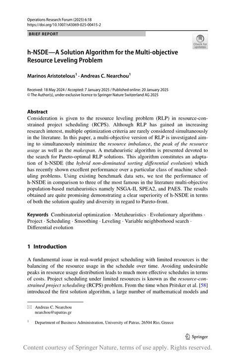 H Nsde—a Solution Algorithm For The Multi Objective Resource Leveling