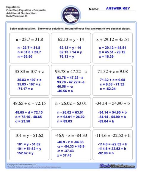 One Step Equations Worksheets Library