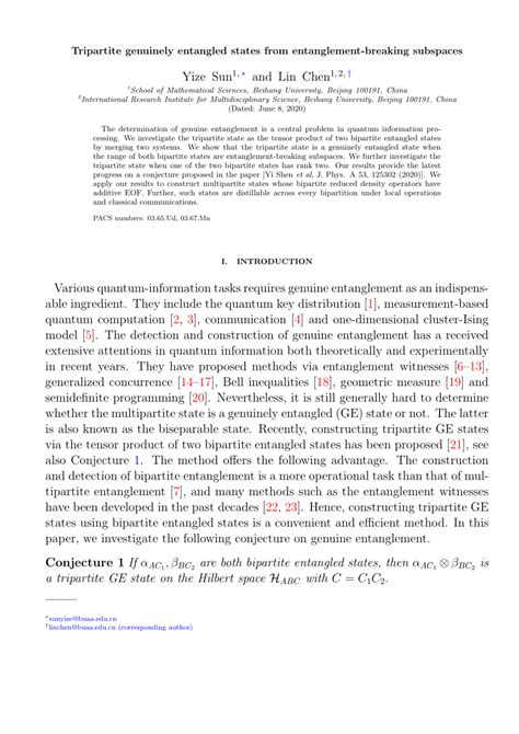 Pdf Tripartite Genuinely Entangled States From Entanglement Breaking Subspaces