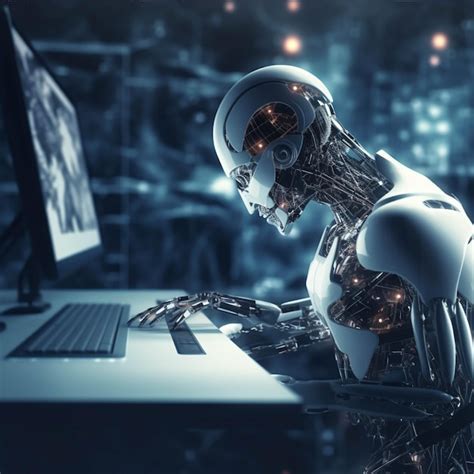 Premium Ai Image 3d Rendering Humanoid Robot Working On Laptop Computer In Dark Office Space