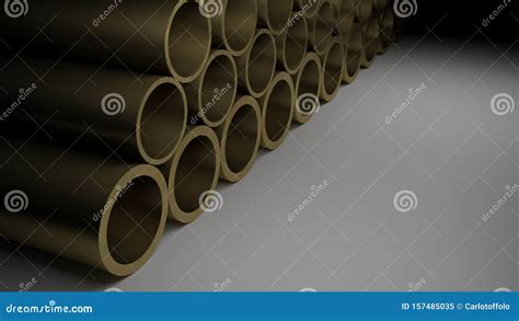 A Series Of Metallic Brass Tubes On A Glossy Black Surface 3d Rendering Illustration Stock