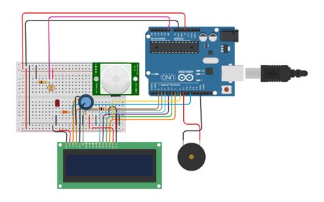 circuit design arduino home security with pir sensor and lcd display tinkercad