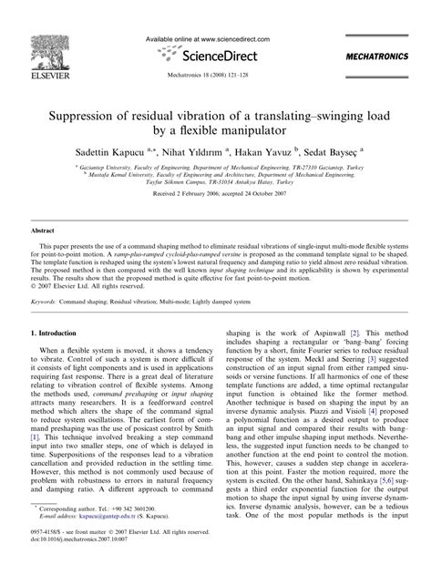 Pdf Suppression Of Residual Vibration Of A Translating Swinging Load By A Flexible Manipulator