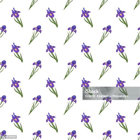 홍채 꽃의 귀여운 매끄러운 패턴 밝은 봄과 여름 프린트와 녹색 잎 휴일 장식 및 카드 결혼식 휴일 및 디자인에 대 한 요소 0명에 대한 스톡 벡터 아트 및 기타 이미지
