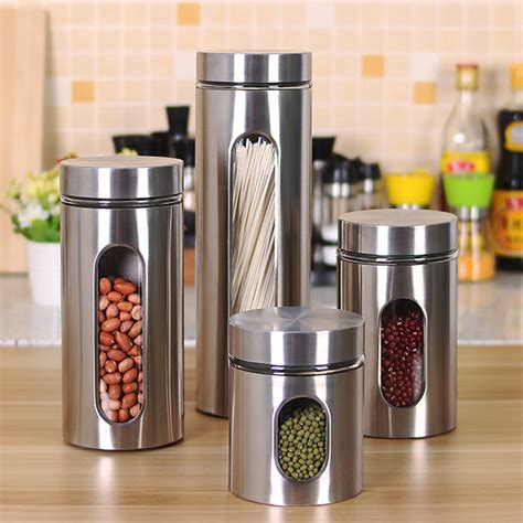 Stainless Steel Storage Jar Tea Coffee Sugar Kitchen Glass Canister