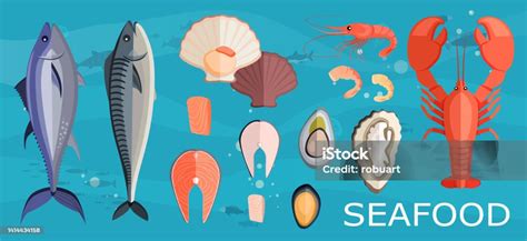 참치 랍스터 굴 홍합 푸른 배경에 새우 생선 제품 해산물 조리법 재료 해산물에 대한 스톡 벡터 아트 및 기타 이미지 해산물 개념 건강한 식생활 Istock