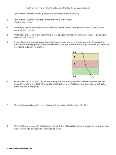 Refraction And Total Internal Reflection Worksheet © The Physics