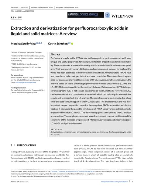 Pdf Extraction And Derivatization For Perfluorocarboxylic Acids In Liquid And Solid Matrices