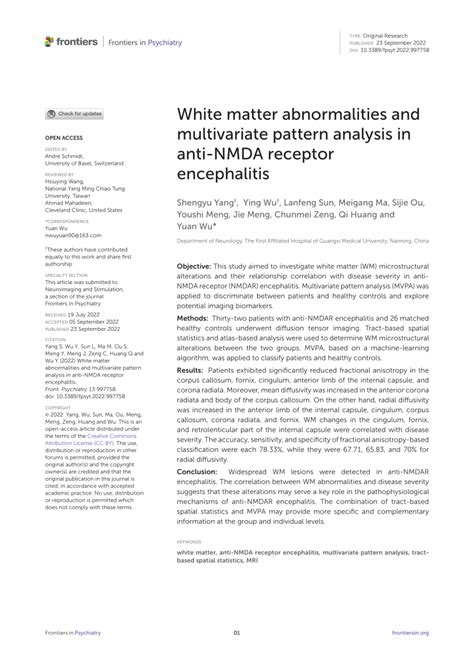 Pdf White Matter Abnormalities And Multivariate Pattern Analysis In Anti Nmda Receptor