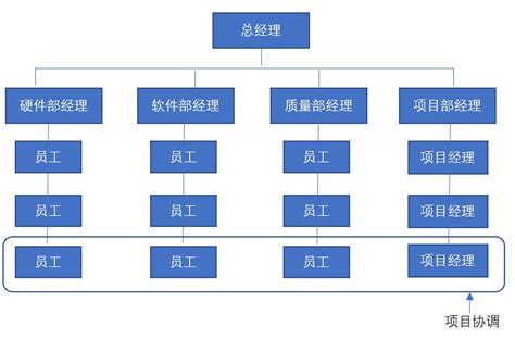 某公司的组织结构如下图所示，该公司采取的是（ ）组织结构。 A 强矩阵型 B 职能型 C 弱矩阵型 D 项目型