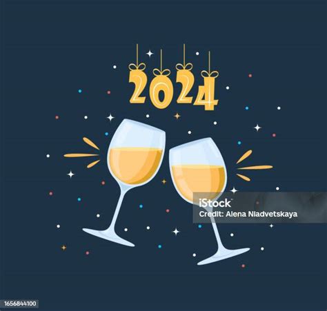안경을 부딪칩니다 땡땡이 와인 음료 휴일 파티 2024년 새해를 축하합니다 리본 폭죽 색종이 불꽃놀이로 금색 숫자를 매달아 놓습니다 새해 인사말 카드입니다 벡터 그림입니다