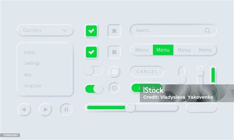 노이형성 아이콘 Neumorphic Ui Ux 화이트 사용자 인터페이스 웹 버튼 및 Ui 슬라이더 모바일 응용 프로그램 웹 및 소셜 미디어를 위한 벡터 Ui Ux 키트입니다