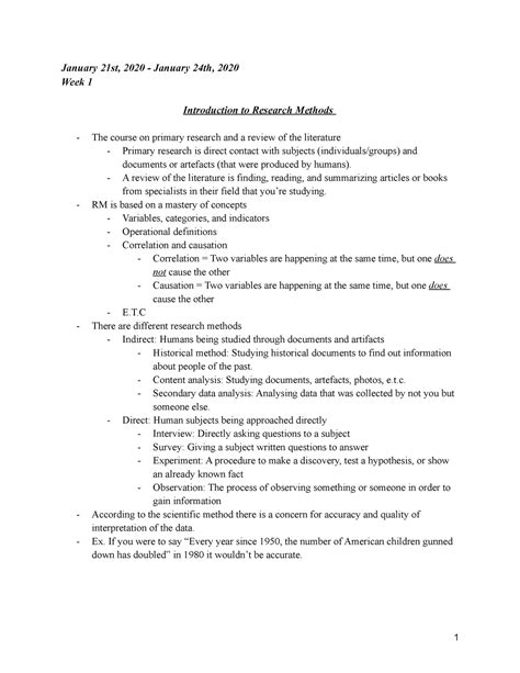 Research Methods Week 1 January 21st 2020 January 24th 2020