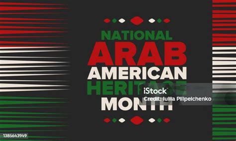 아랍 원주민 유산의 달 아랍 미국 문화와 전통 4 월에 미국에서 매년 축하합니다 아라비아 패턴 포스터 배너 및 배경 벡터 장식 일러스트레이션 0명에 대한 스톡 벡터 아트 및