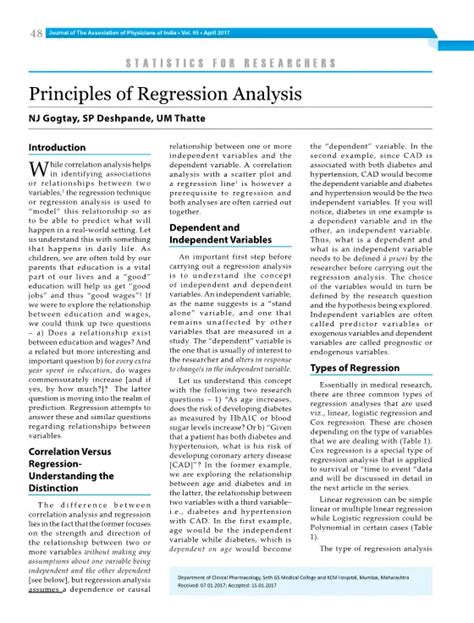 Principles Of Regression Analysis Nj Gogtay Sp Deshpande Um Thatte Docslib