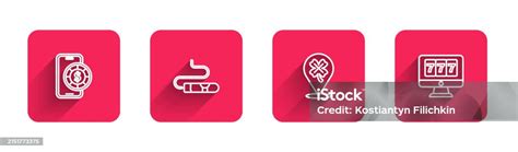 세트 라인 온라인 포커 테이블 게임 시가 긴 그림자와 함께 클로버와 잭팟과 카지노 슬롯 머신 빨간색 사각형 버튼입니다 벡터 0명에 대한 스톡 벡터 아트 및 기타 이미지