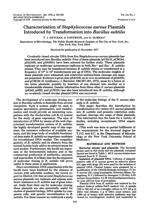 PDF Characterization Of Staphylococcus Aureus Plasmids Introduced By Transformation Into