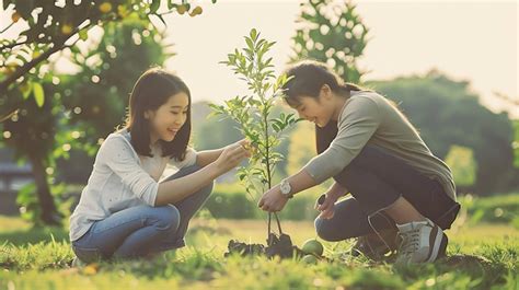 A Man And Woman Planting A Tree In A Park Premium AI Generated Image
