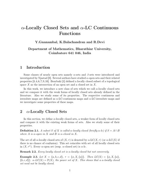 Pdf α Locally Closed Sets And α Lc Continuous Functions