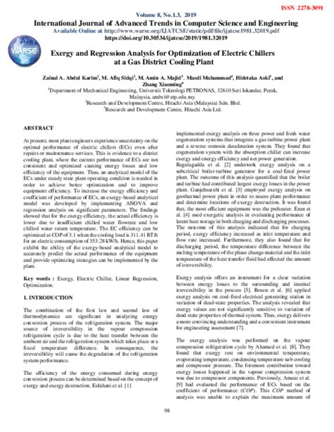 Pdf Exergy And Regression Analysis For Optimization Of Electric Chillers At A Gas District