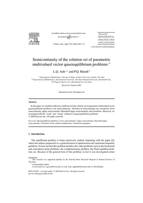 Pdf Semicontinuity Of The Solution Set Of Parametric Multivalued Vector Quasiequilibrium