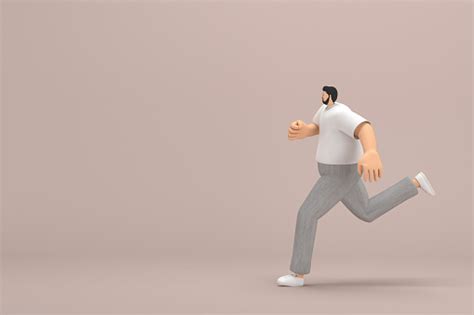 회색 코듀로이 바지와 화이트 칼라 티셔츠를 입은 수염을 가진 남자 그는 달리고있다 연기에서 만화 캐릭터의 3d 렌더링 개념에 대한 스톡 사진 및 기타 이미지 Istock