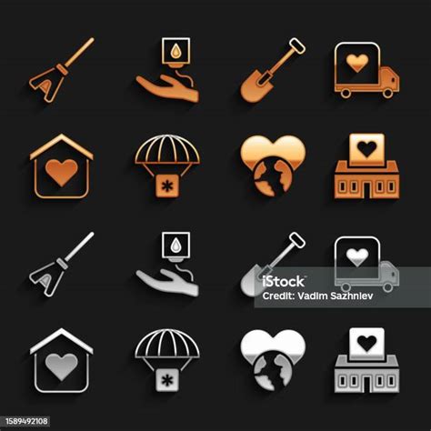 인도적 지원 마음이 담긴 배달 트럭 자원 봉사 센터 세계 사랑 노숙자를 위한 쉼터 삽 걸레 및 헌혈 아이콘을 설정합니다 벡터 Emergency Shelter에 대한 스톡