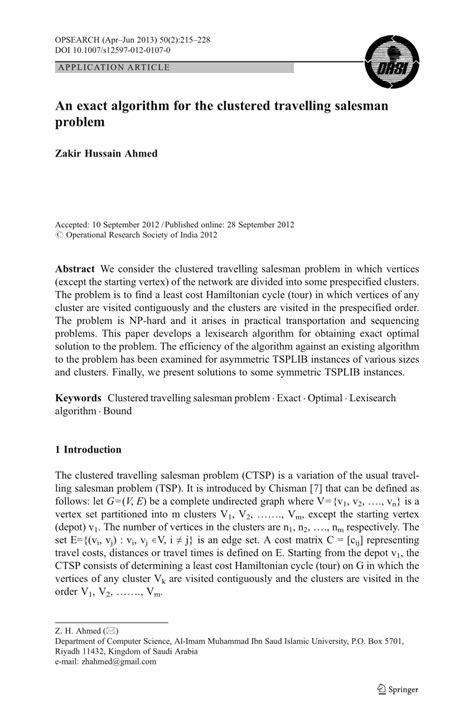 Pdf An Exact Algorithm For The Clustered Travelling Salesman Problem