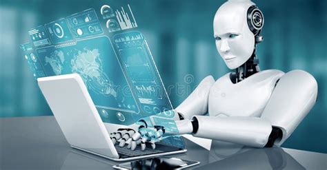 Mlp Robot Hominoid Use Laptop And Sit At Table For Big Data Analytic