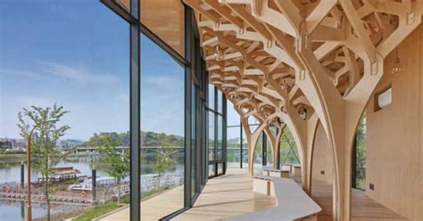 Tree Like Columns Show The Craftsmanship Inside This Riverside Pavilion