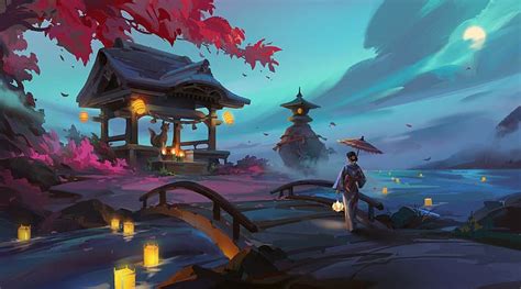 The Fox Temple Night Kimono Frumusete Art Temple Parasol Gorgeous Girl Hd Wallpaper