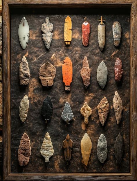Native American Arrowhead Collection On Display Board Premium Ai Generated Image