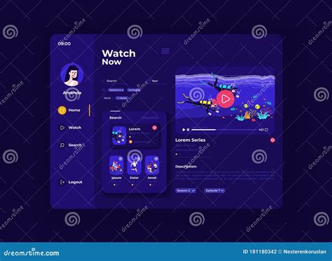 Video Blogging Service Tablet Interface Vector Template Mobile App Page Night Mode Design