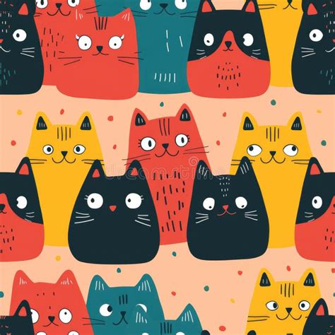 Adorable Cartoon Cat Faces Pattern For Playful Backgrounds Stock