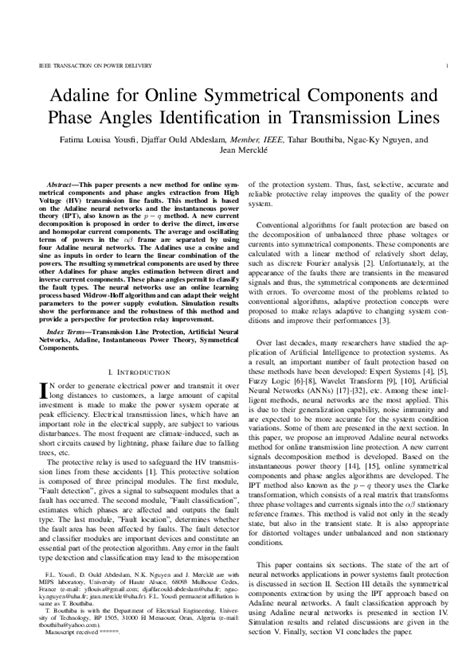 Pdf Adaline For Online Symmetrical Components And Phase Angles Identification In Transmission