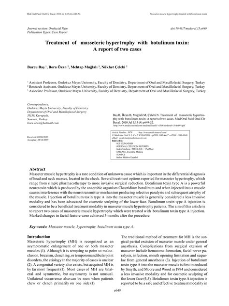 Pdf Treatment Of Masseteric Hypertrophy With Botulinum Toxin A Report Of Two Cases
