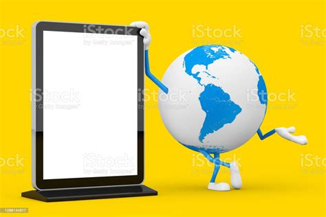 빈 무역 쇼 Lcd 화면 스탠드와 지구 글로브 캐릭터 마스코트는 당신의 디자인을위한 템플릿으로 스탠드 3d 렌더링 0명에 대한 스톡 사진 및 기타 이미지 Istock