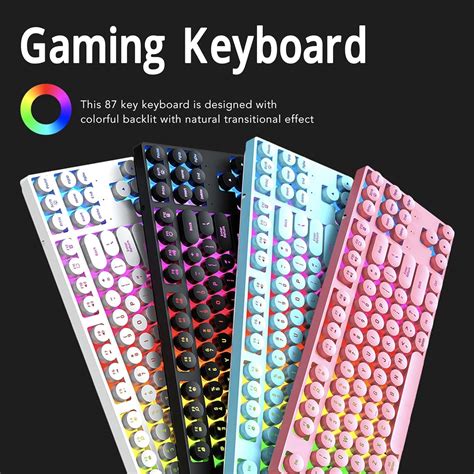 Retro Round Keycaps Gaming Keyboard 87 Keys Compact Usb Wired