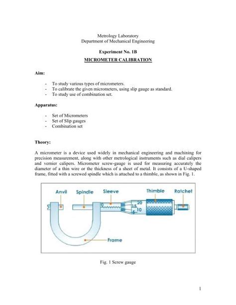 experiment no 1b micrometer calibration aim