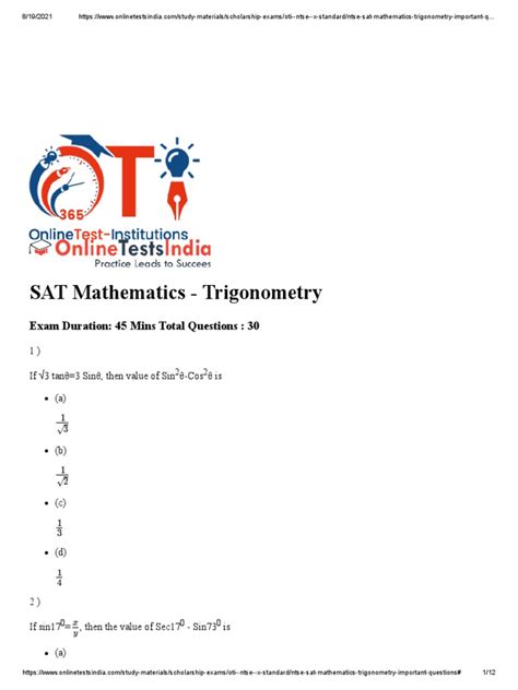 Ntse Sat Mathematics Trigonometry Important Questions Pdf Sine Trigonometry