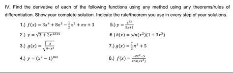 solved iv find the derivative of each of the following functions