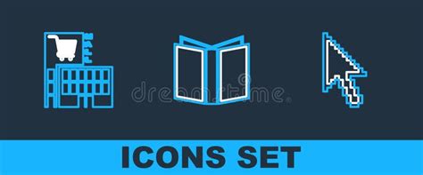 Set Line Pixel Arrow Cursor Mall Supermarket Building And Open Book Icon Vector Stock