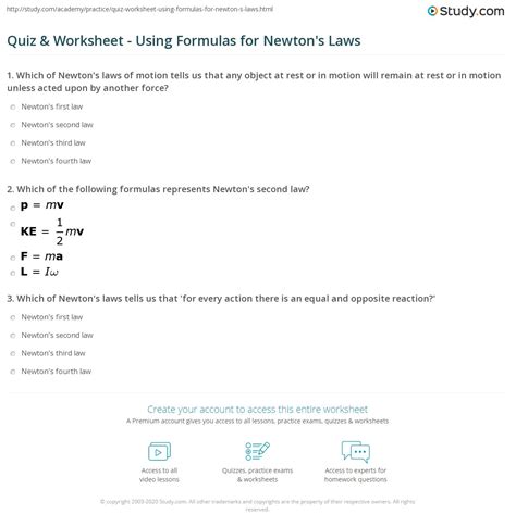 Quiz Worksheet Using Formulas For Newton S Laws Study Com