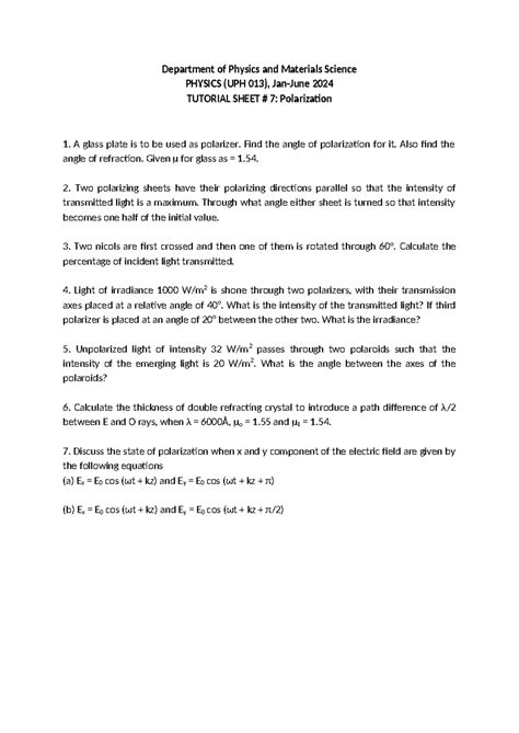Physics Uph 013 Tutorial Sheet 7 Polarization Concepts And Problems