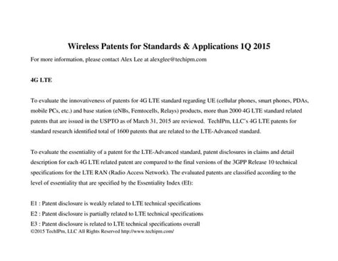 Wireless Patents For Standards And Applications 1q 2015 Ppt