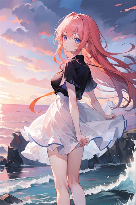 바닷가 바위 위에 서 있는 애니메이션 소녀 해가 지고 있어요 Seaart Ai 바닷가 바위 위에 서 있는 애니메이션 소녀 해가 지고 있어요 Seaart Ai