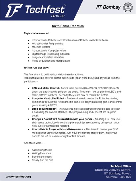 Sixth Sense Robotics Topics To Be Covered Pdf